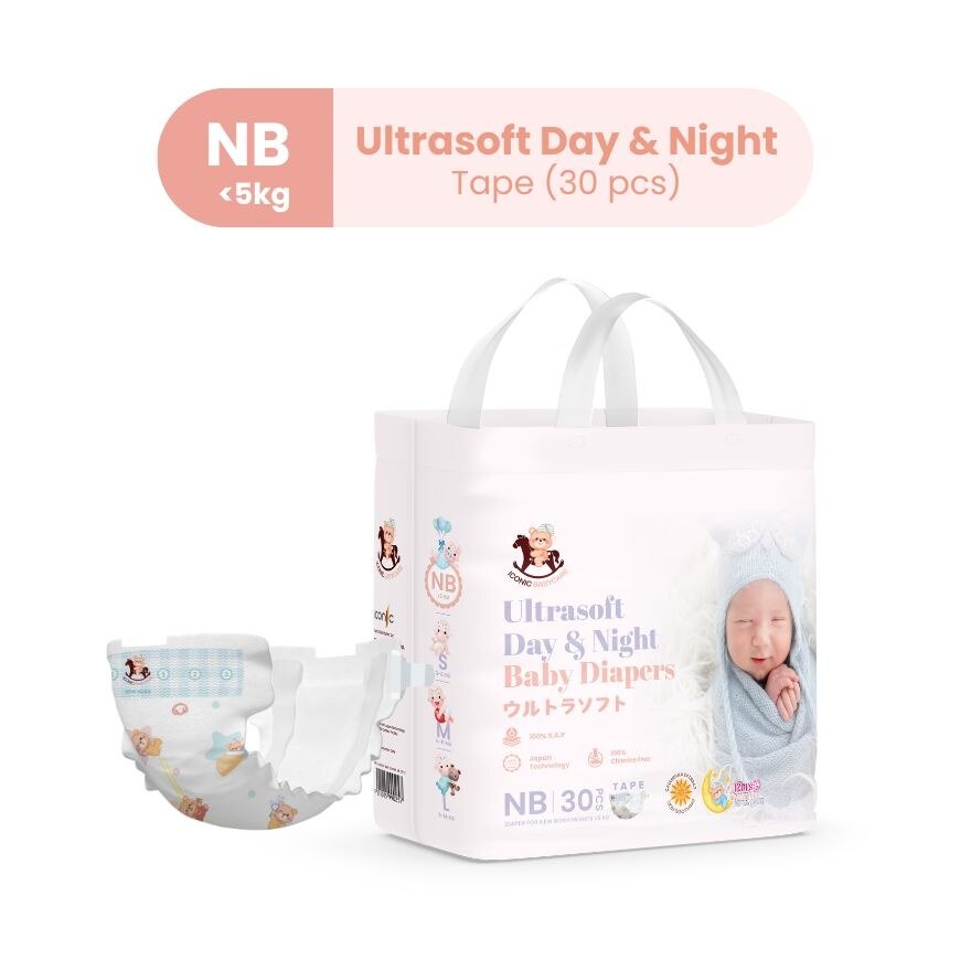 ICONIC, Ultrasoft Day & Night Baby Diapers - Tape NB 30pcs | Watsons ...