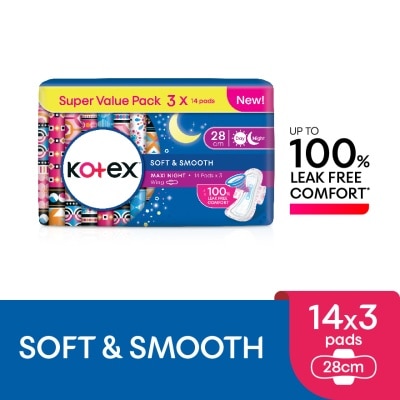 KOTEX, Soft & Smooth Overnight Wing Pad 28cm (14s x 3 Packs) - Sanitary ...