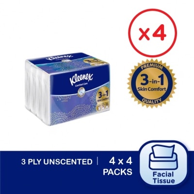 KLEENEX, Facial Tissue Comfort Care Softpack 3ply (50's x 4) x4 packs | Watsons Malaysia