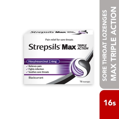 STREPSILS, Sore Throat Lozenges Max Triple Action Blackcurrant 16s ...