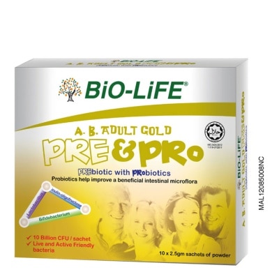 BIO-LIFE, A.B. Adult Gold Prebiotic & Probiotics 2.5g x 10's | Watsons ...